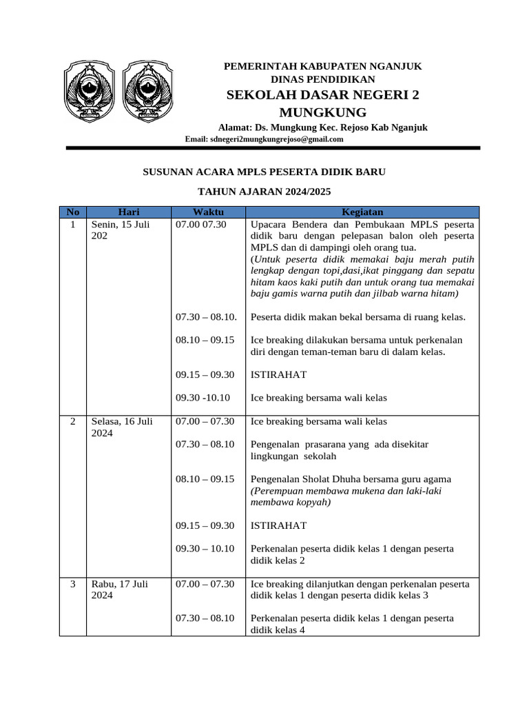 Susunan Acara MPLS Siswa Baru Tahun Ajaran 2024 | PDF