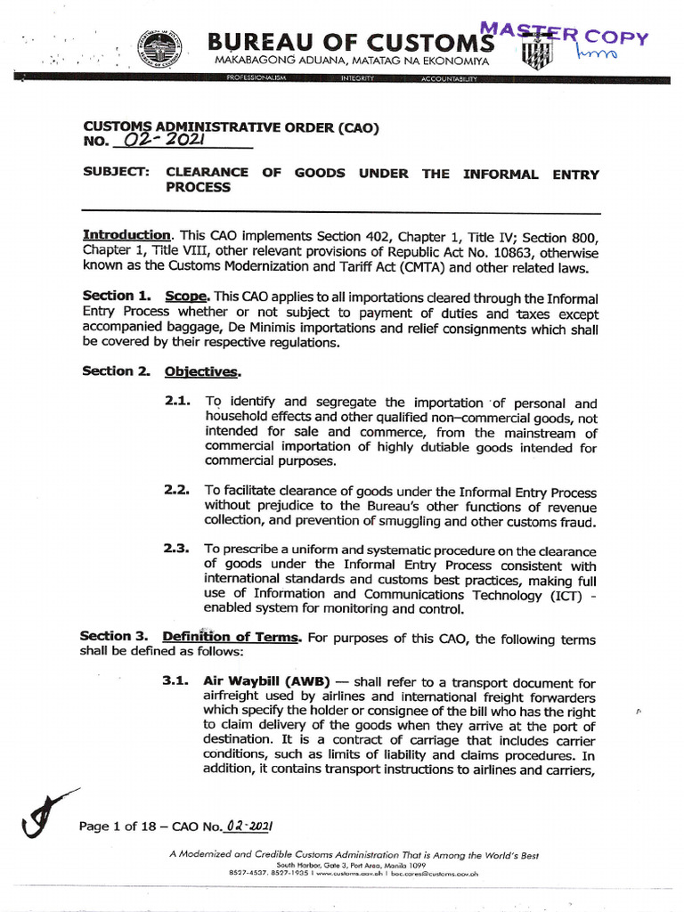 Cao-02-2021-Clearance of Goods Under The Informal Entry Process | PDF