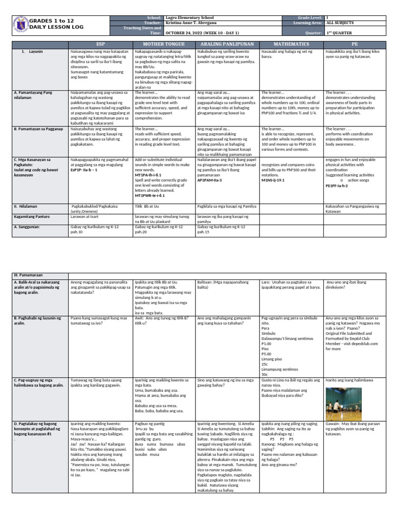 DLL All Subjects 1 q1 w10 d1 | PDF