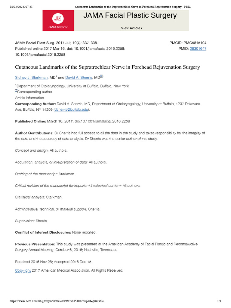 Cutaneous Landmarks of The Supratrochlear Nerve in Forehead ...