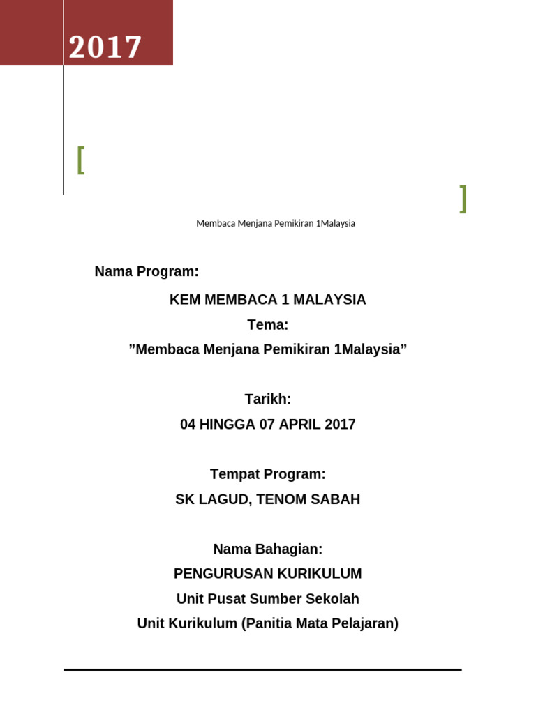 Contoh Kertas Kerja KM1M 2017 SK Lagud | PDF