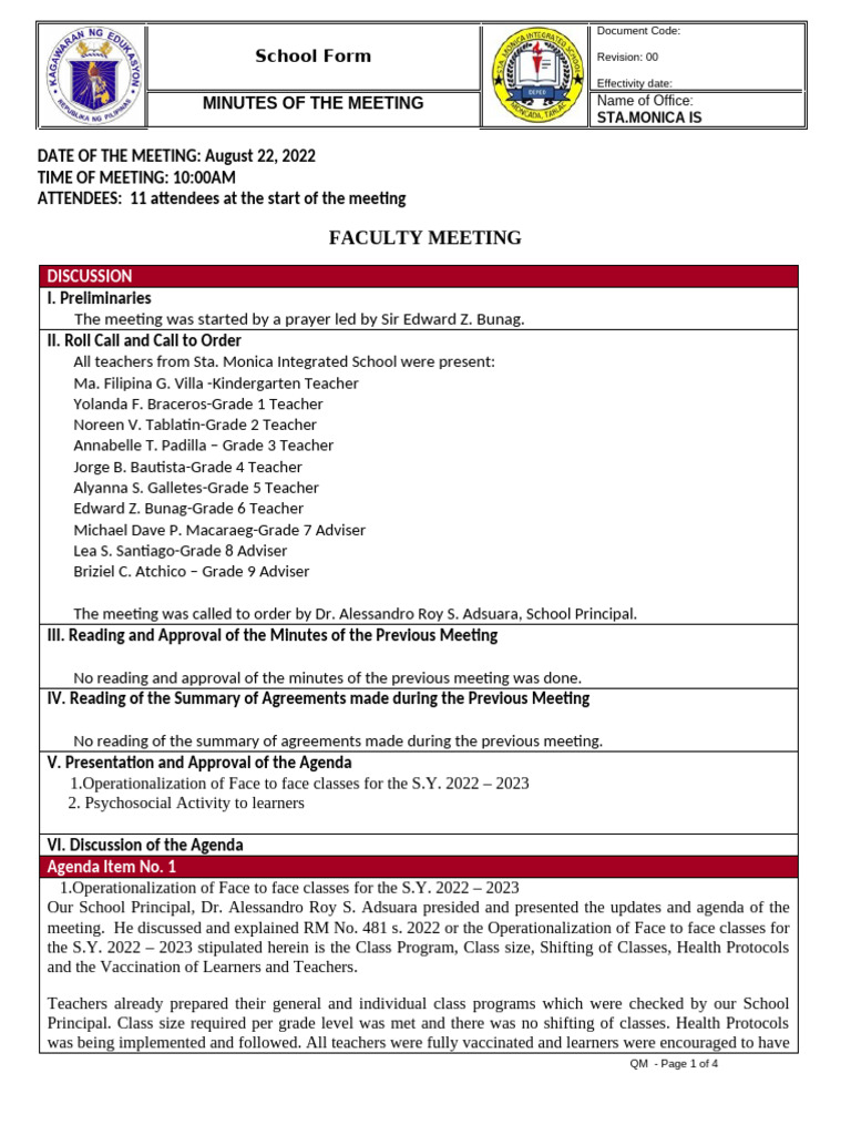 Minutes of The Meeting Smis | PDF