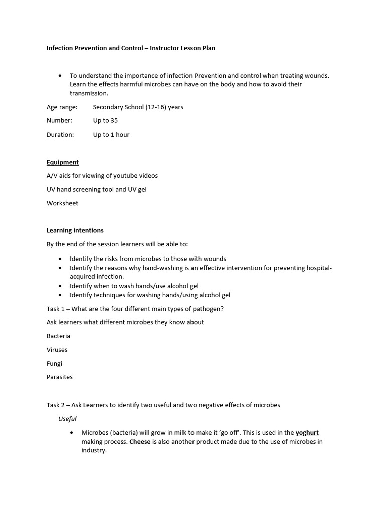 Infection Prevention and Control - Instructor Lesson Plan | PDF