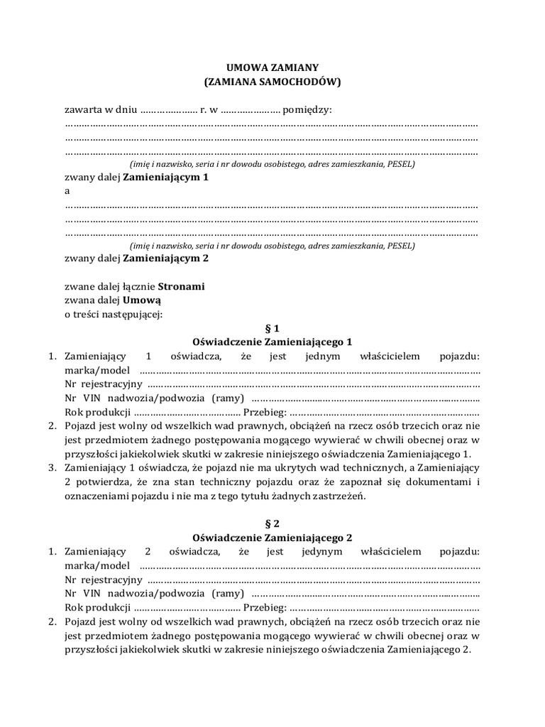 Umowa Zamiany (Samochody) | PDF