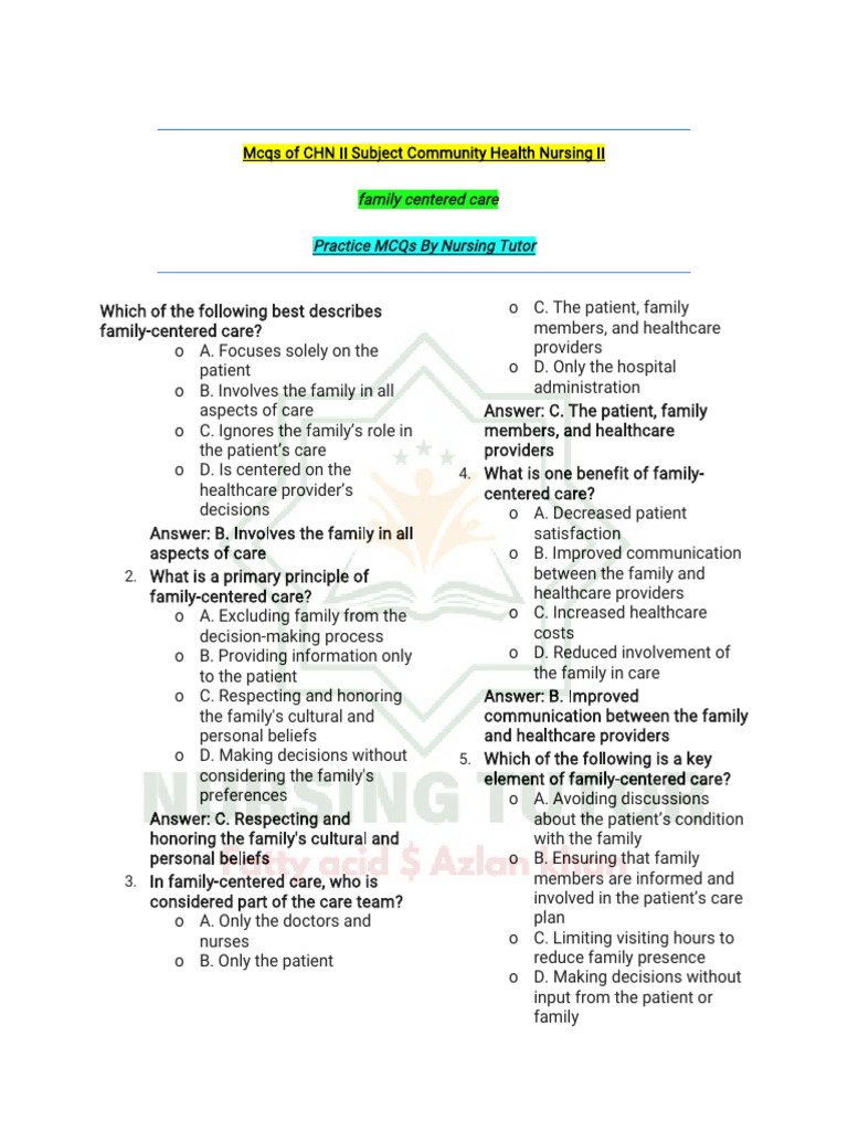 Family Centered (A) CHN II Mcqs by Nursing Tutor | PDF