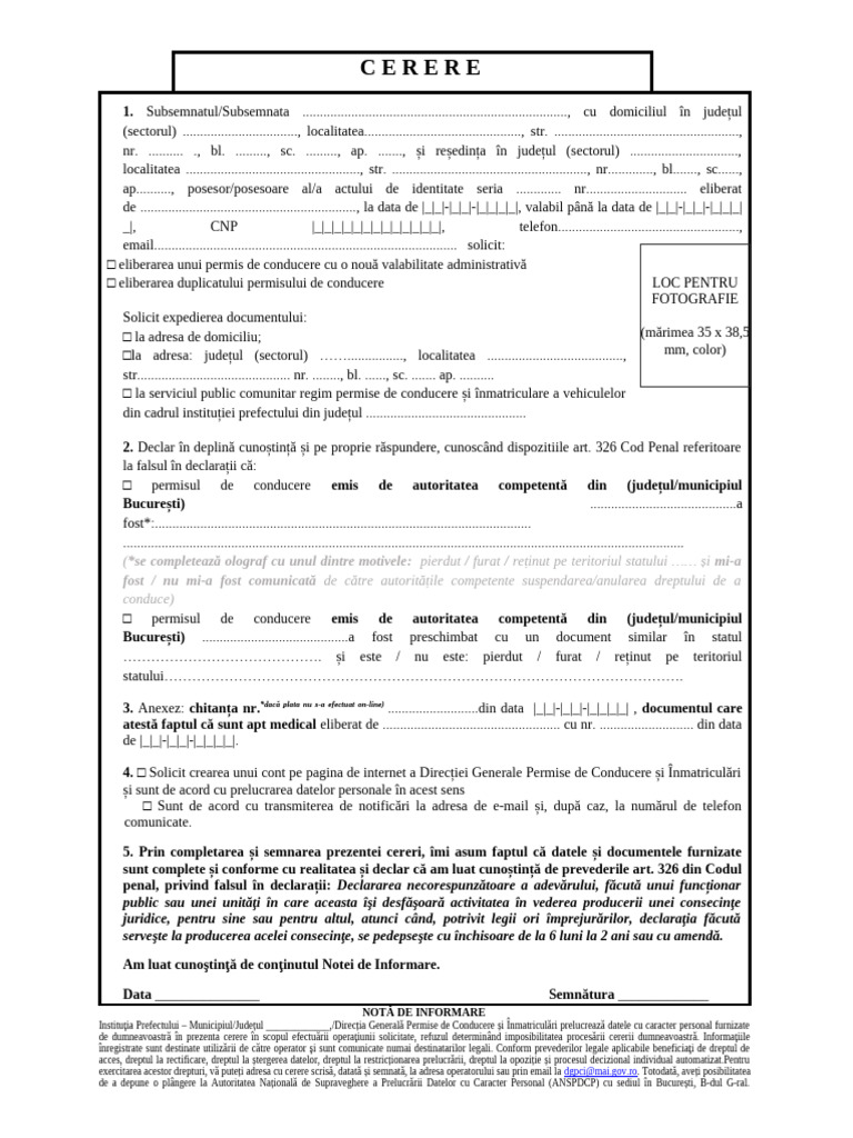 Cerere Permis de Conducere Romanesc-1 | PDF