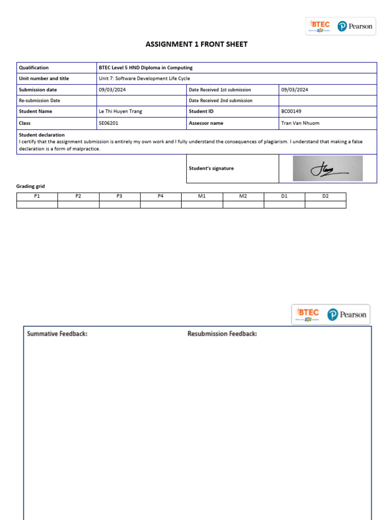 Assignment 1 Front Sheet: Qualification BTEC Level 5 HND Diploma in Computing Unit Number and ...