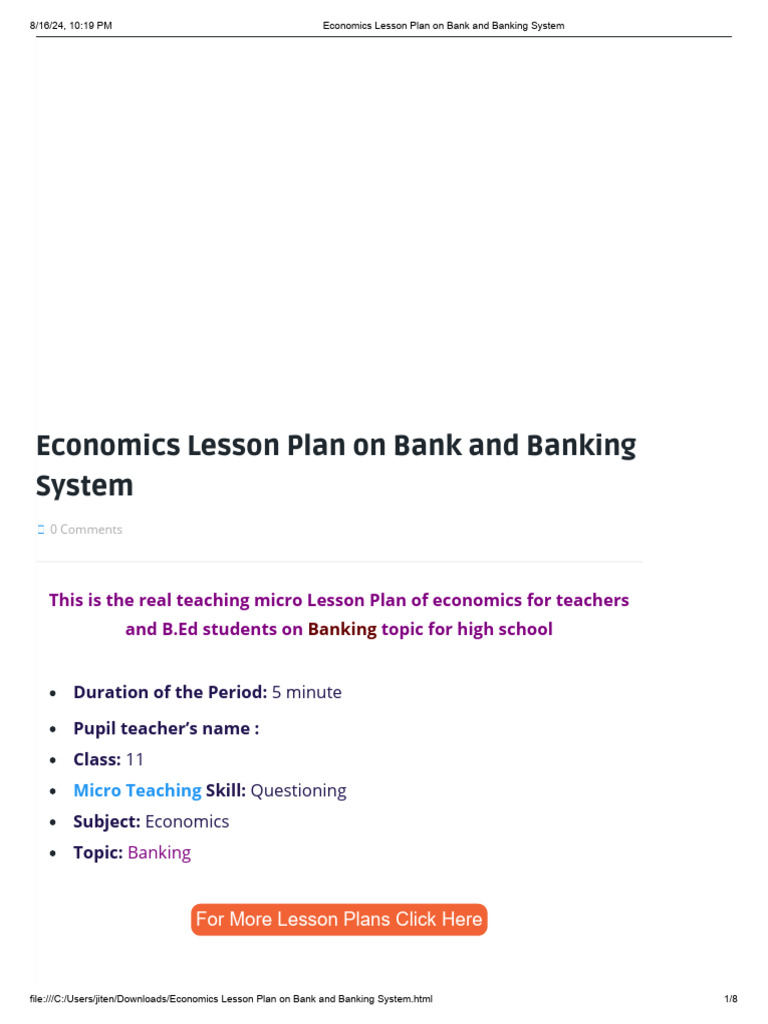 Economics Lesson Plan On Bank and Banking System | PDF