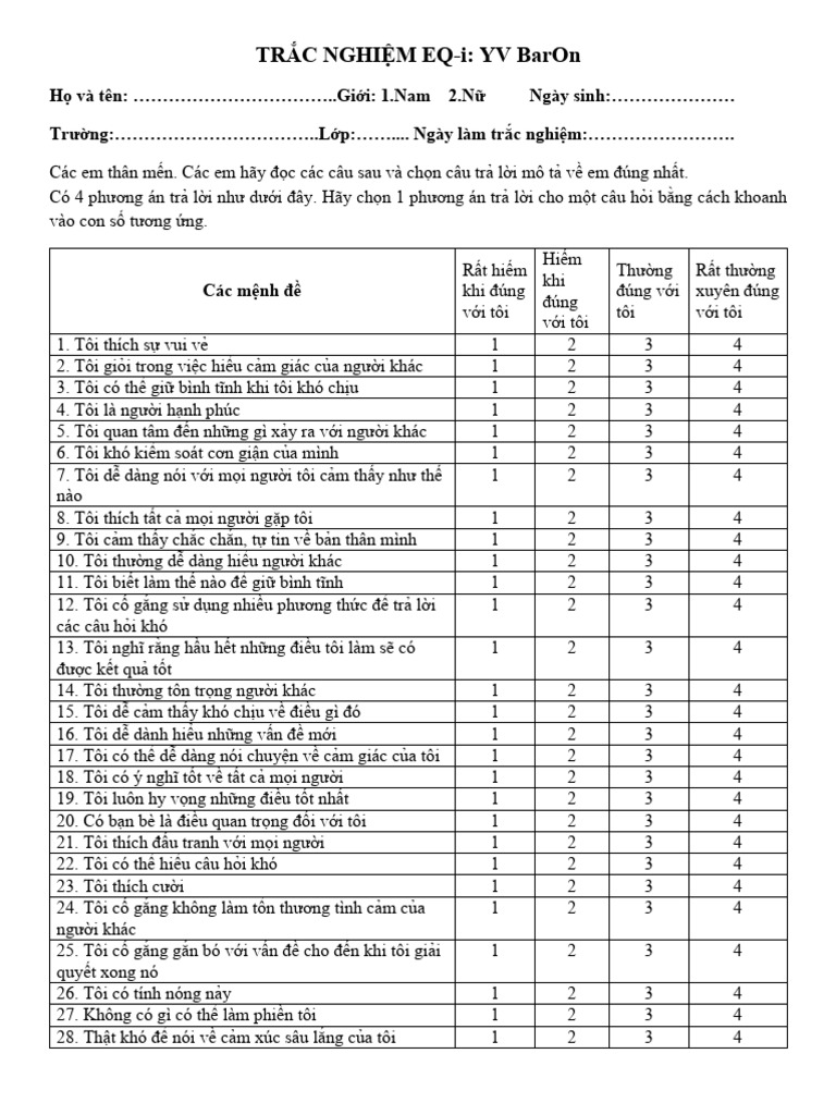 Trắc nghiệm EQ BarOn | PDF