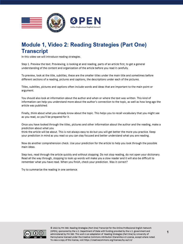 M1 T2 Reading Strategies (Part 1) Transcript | PDF