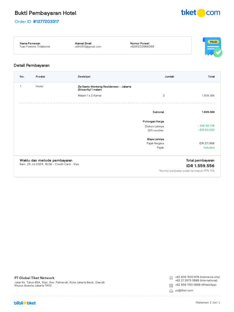 Bukti Pembayaran Hotel: Order ID | PDF