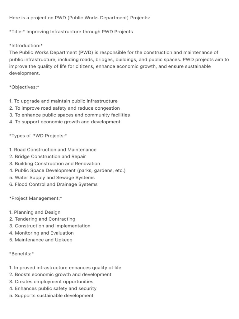Here Is A Project On PWD (Public Works Department) Projects: PDF | PDF
