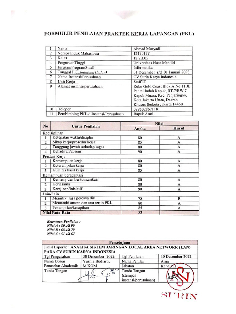 Lembar Penilaian PKL Ahmad Muryadi - 12190177 | PDF
