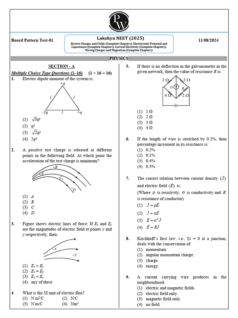 Board Pattern Test 01 Physics Test Paper | PDF
