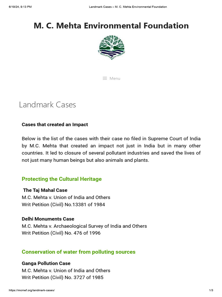 Landmark Cases - M. C. Mehta Environmental Foundation | PDF
