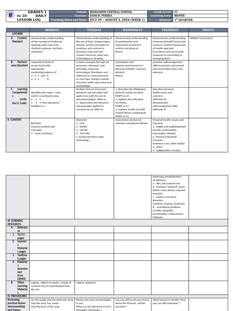 DLL - Mapeh 6 - Q1 - W1 | PDF