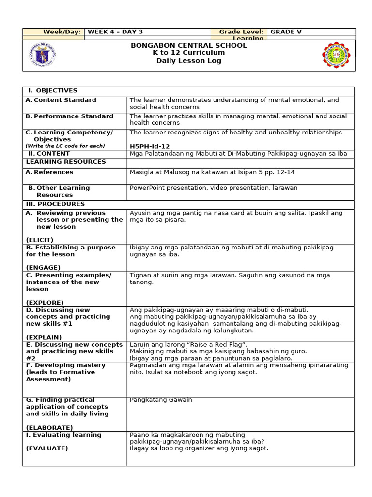 Dll-Mapeh 5-Quarter 1 Week 4 Day 3 | PDF