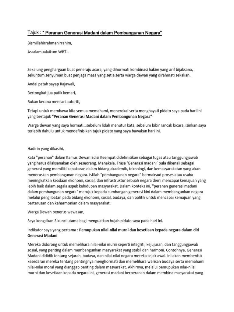 Pidato Tema ASPIRASI GENERASI MADANI 3 | PDF