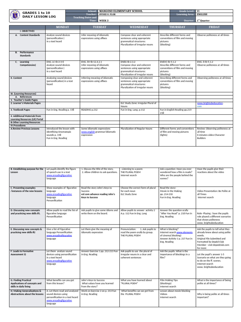 DLL - English 6 - Q1 - W2 | PDF