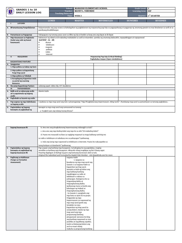DLL - Esp 5 - Q1 - W2 | PDF