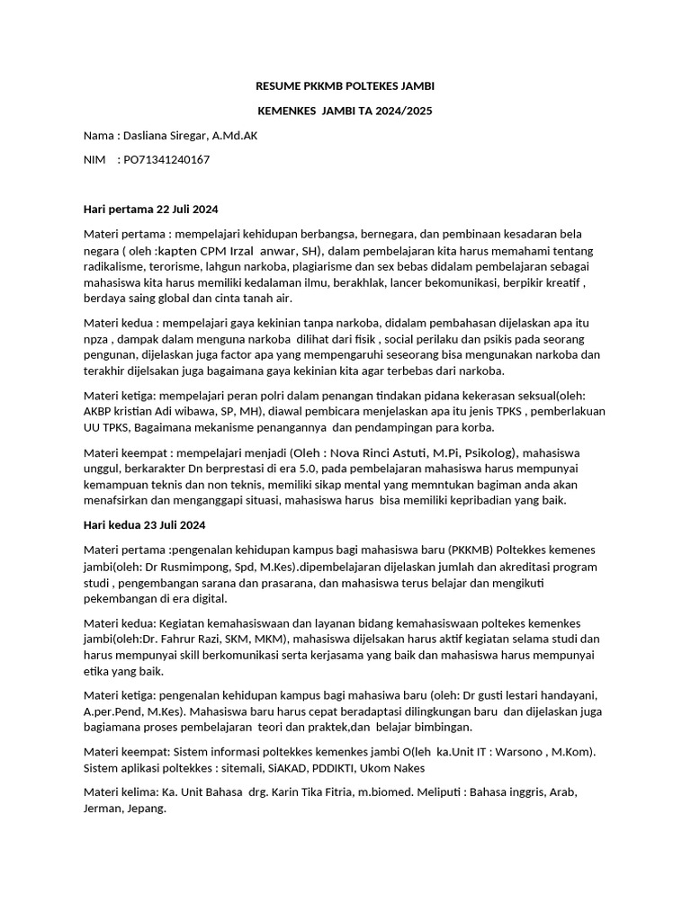 Resume PKKMB Poltekes Jambi | PDF