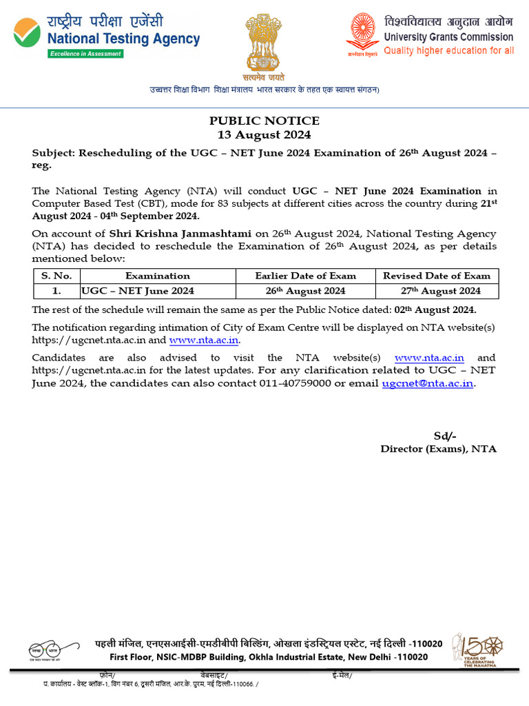 Public Notice For Postpone of Exam Date Ugc Net June 2024 | PDF
