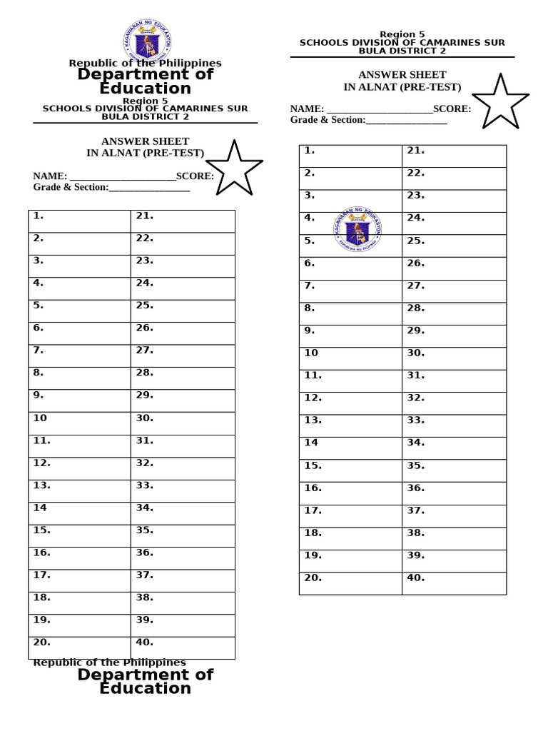 ANSWER SHEET Grade 4 | PDF