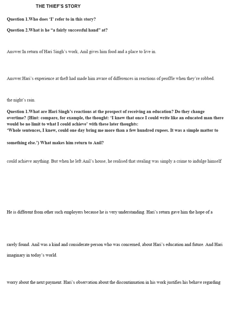 THE THIEF'S STORY Class 10 Imp Qs | PDF