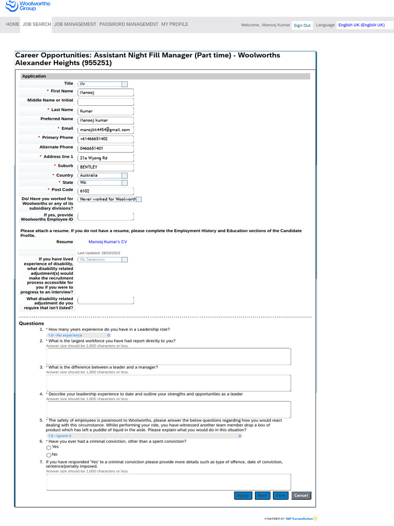 Career Opportunities Assistant Night Fill Manager (Part Time ...
