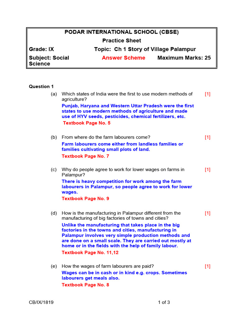 AS - CBSE - IX - SS - CH 1 - The Story of Village Palampur - Practise Sheet | PDF | Agriculture ...