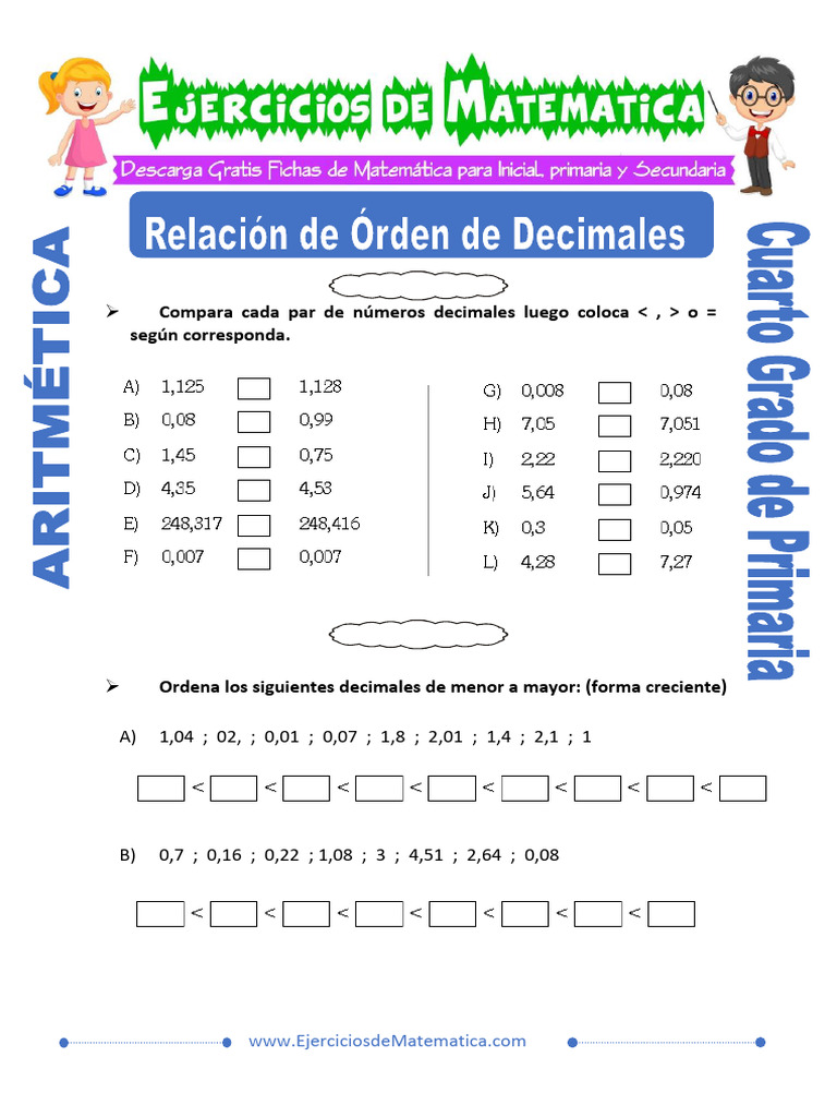Ejercicios de Relacion de Orden de Decimales para Cuarto de Primaria | PDF