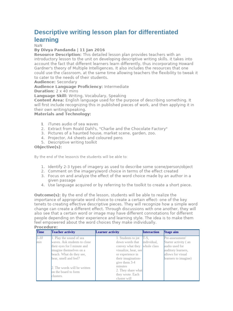 Descriptive Writing Lesson Plan For Differentiated Learning | PDF ...