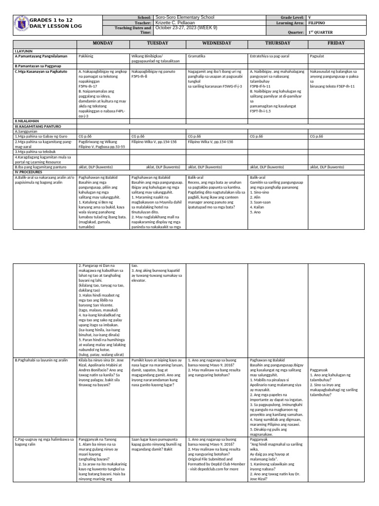 DLL - Filipino 5 - Q1 - W9 | PDF