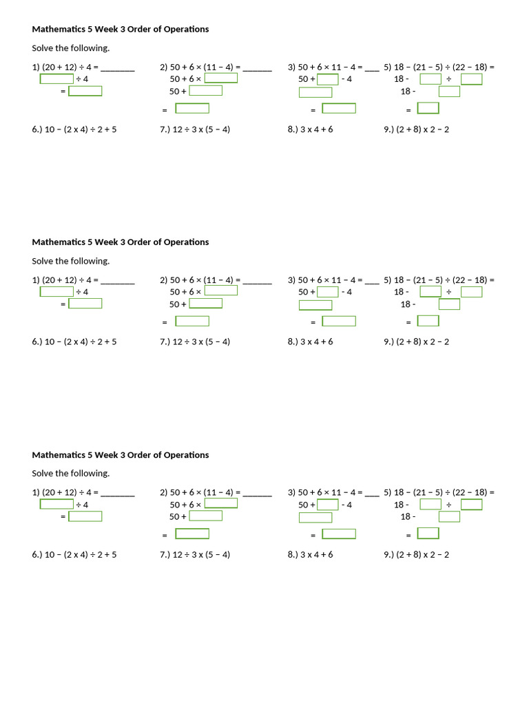 Math 5 Week 3 Order of Operation Worksheet | PDF