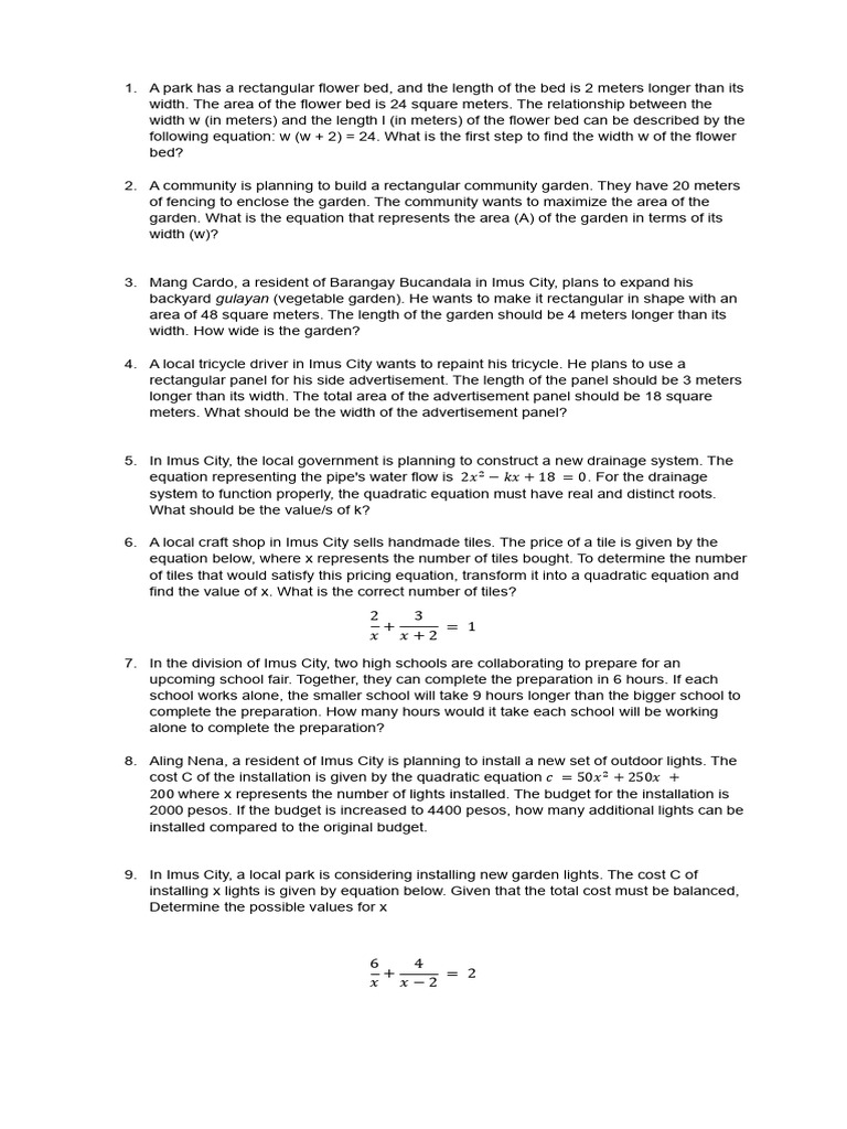 Word Problems Involving Quadratic Equation | PDF | Teaching Methods ...