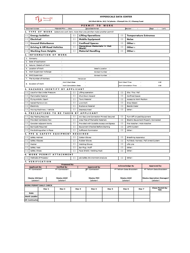 Form Ptw General Telkom Data Ekosistem Hdc Cikarang Pdf