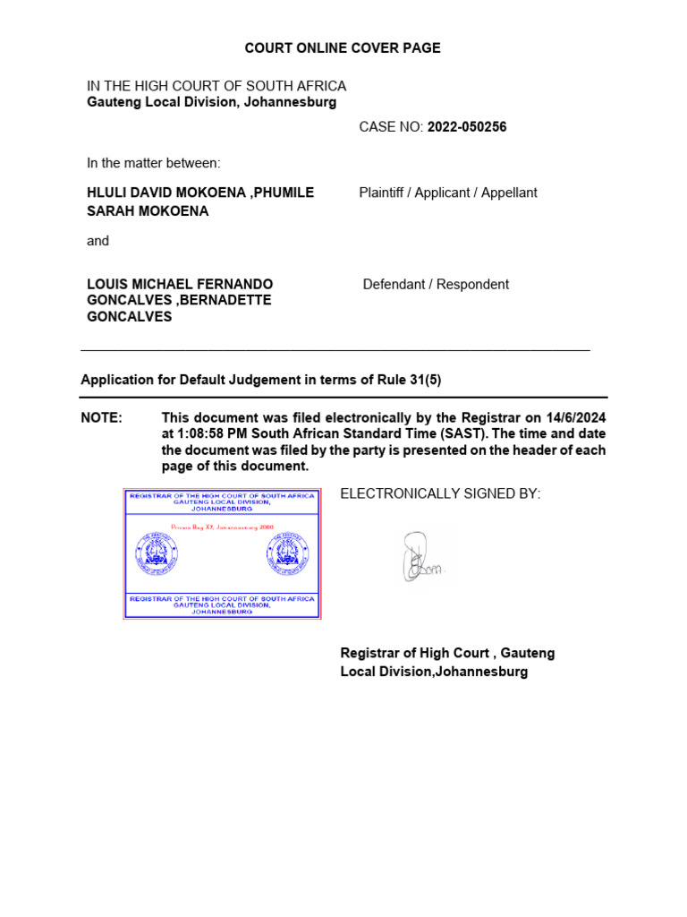 Application For Default Judgement in Terms of Rule 31 | PDF