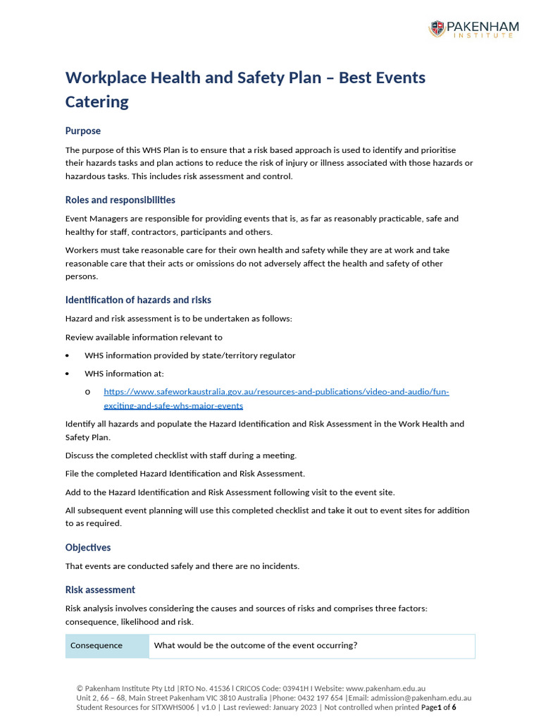 SITXWHS006 WHS Plan | PDF | Occupational Safety And Health | Risk