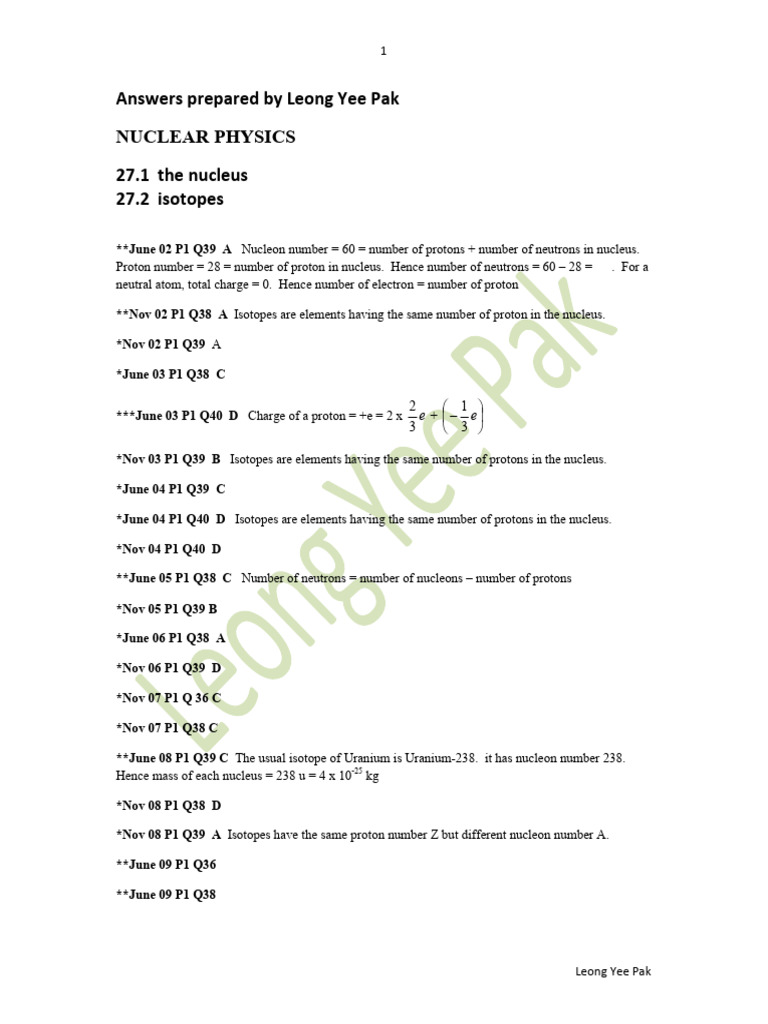 Tutorial 24 Nuclear Physics Answers | PDF