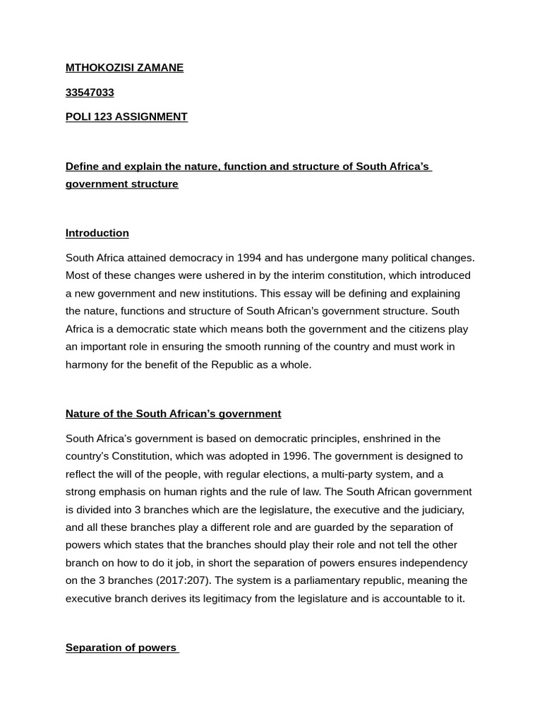 Overview of South Africa's Government Structure | PDF | Separation Of ...