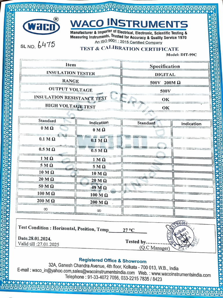 Calibration Certificate-Insulation Tester | PDF