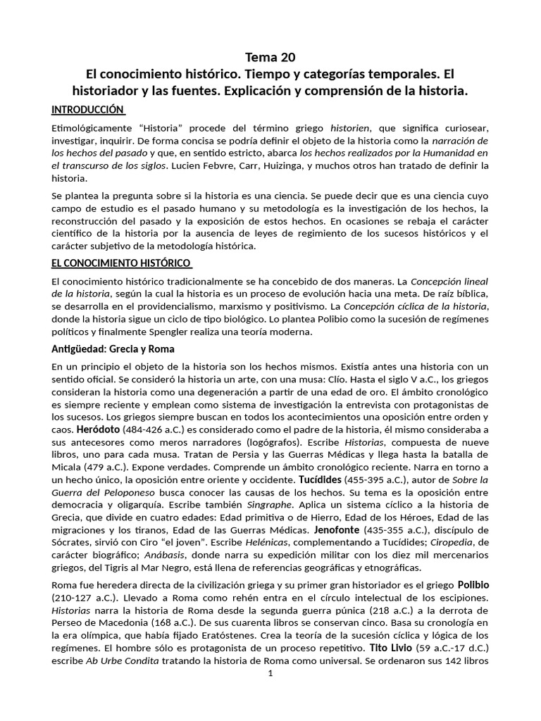 Tema 20 - El Conocimiento Histórico. Tiempo y Categorías Temporales. El ...