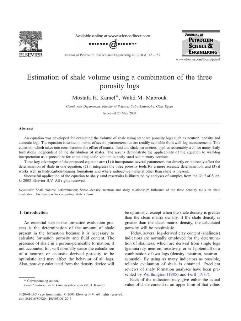 Estimation of Shale Volume Using A Combination of The Three Porosity Logs | PDF