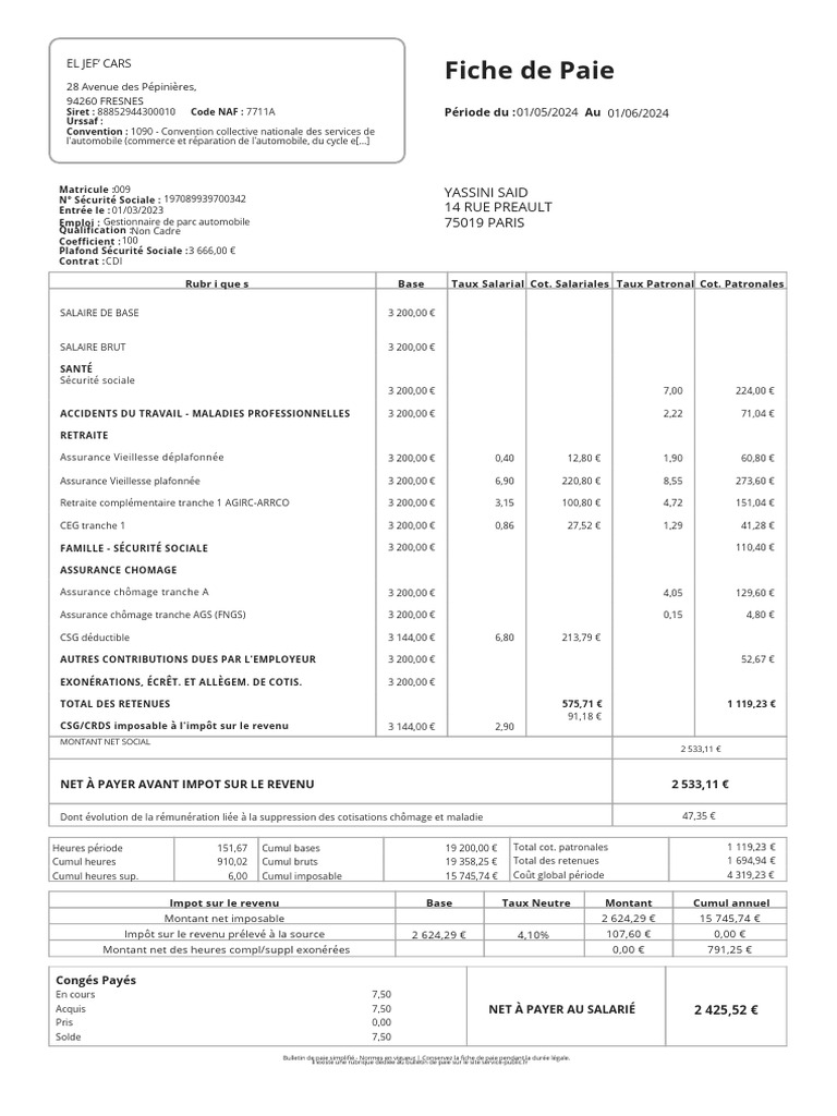 Fiche de Paie 1 | PDF