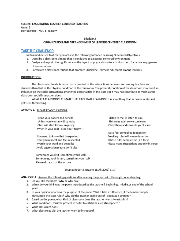 Module 3facilitating Learner Centered Teaching Instructor E. Duroy | PDF