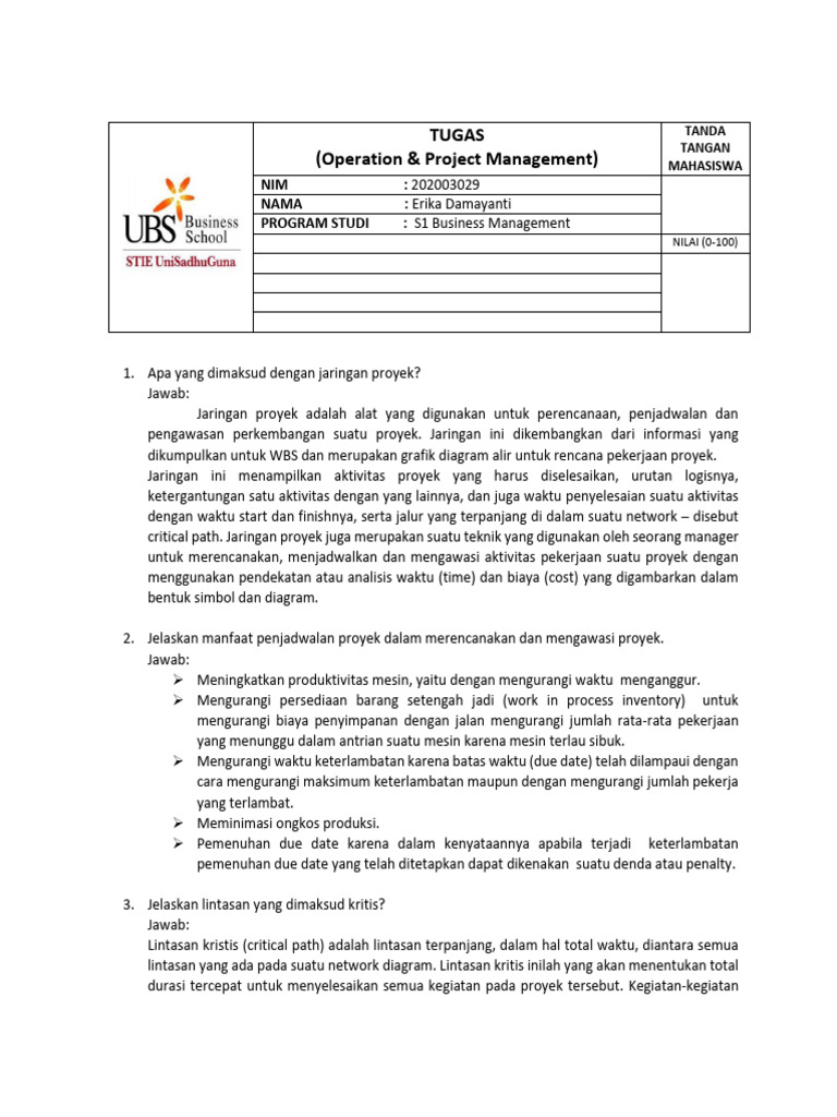 TUGAS OPERATION & PROJECT MANAGEMENT - ERIKA DAMAYANTI (SDM) | PDF