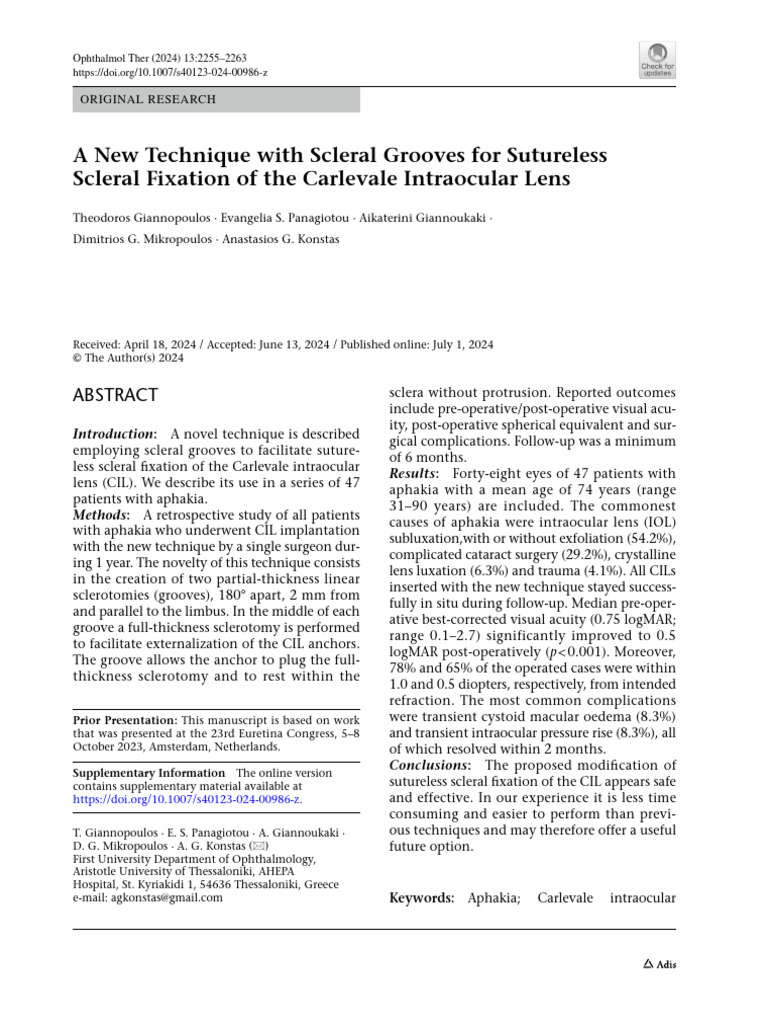 A New Technique With Scleral Grooves For Sutureless Scleral Fixation of ...