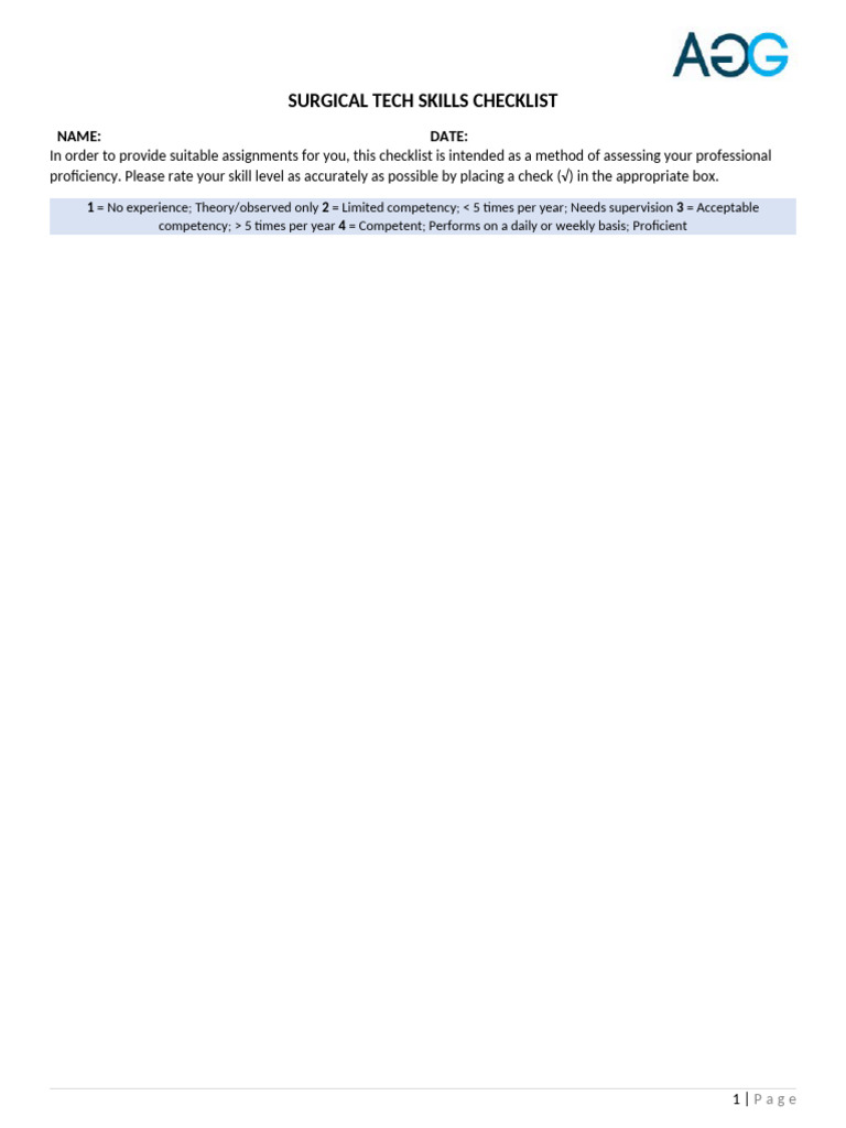 Surgical Tech Skills Checklist | PDF | Surgery | Surgical Specialties