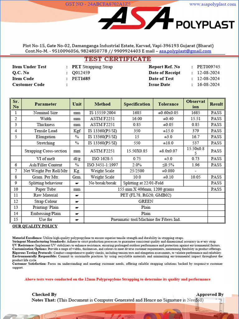PET QC-Test Certificate | PDF