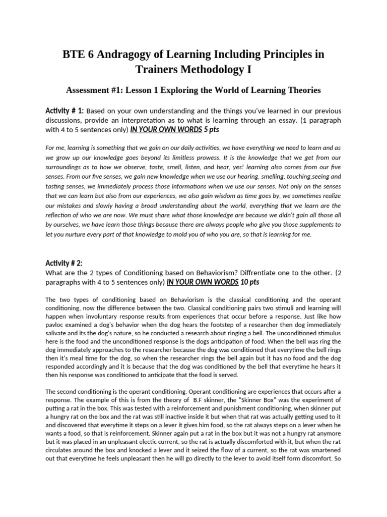 BTE 6 Andragogy of Learning Including Principles in Trainers Methodology I | PDF